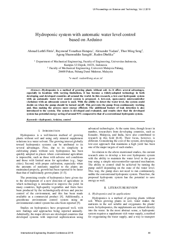 (PDF) Hydroponic system with automatic water level control based on Arduino