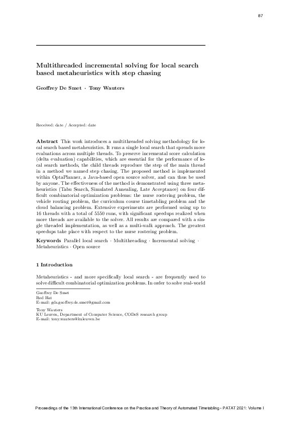 Pdf Multithreaded Incremental Solving For Local Search Based Metaheuristics With Step Chasing 