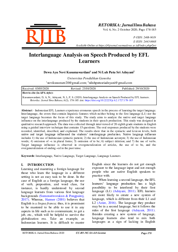 (PDF) Interlanguage Analysis on Speech Produced by EFL Learners