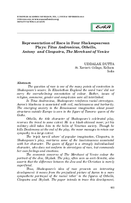 (PDF) Representation of Race in Four Shakespearean Plays: Titus ...