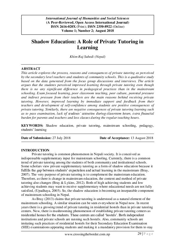 (PDF) Shadow Education: A Role of Private Tutoring in Learning