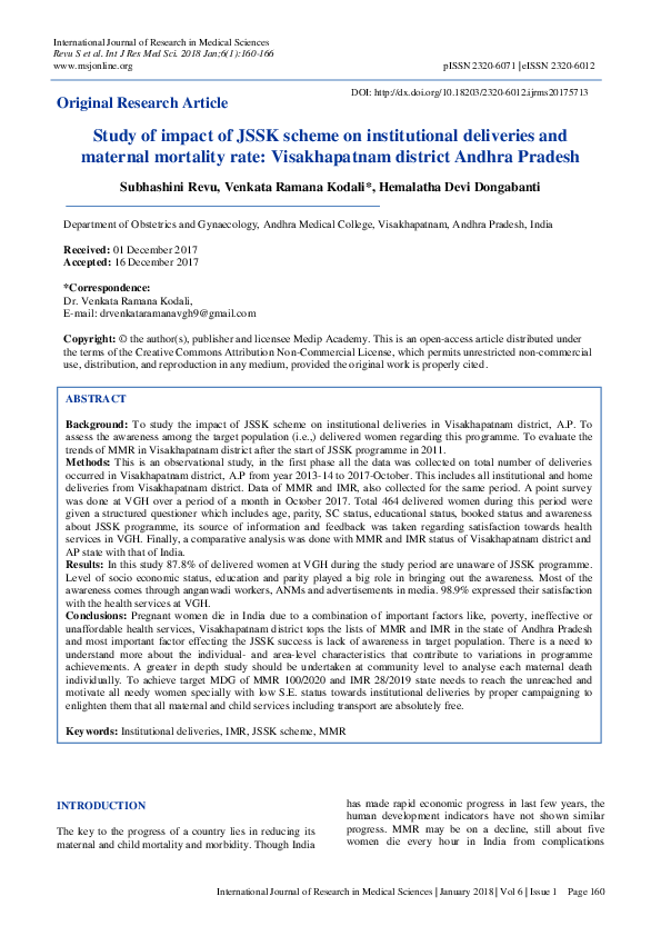(PDF) Study of impact of JSSK scheme on institutional deliveries and ...