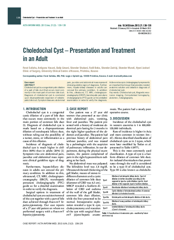 (PDF) Choledochal Cyst – Presentation and Treatment in an Adult | Skender Zatriqi - Academia.edu