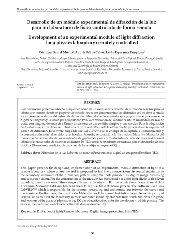 (PDF) Desarrollo de un módulo experimental de difracción de la luz para un laboratorio de física ...