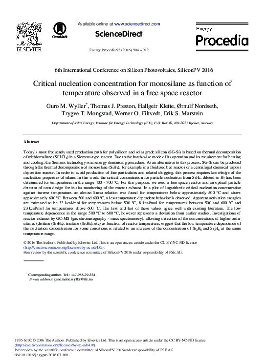 (PDF) Critical Nucleation Concentration for Monosilane as Function of ...