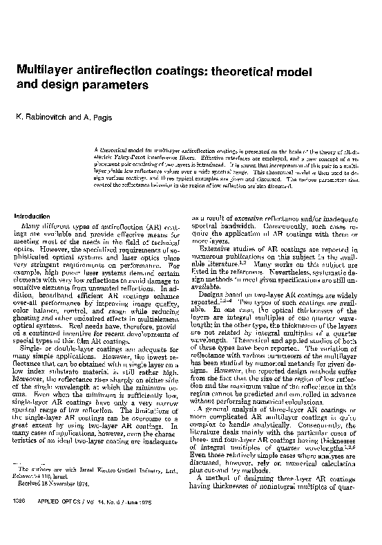 Pdf Multilayer Antireflection Coatings Theoretical Model And Design Parameters