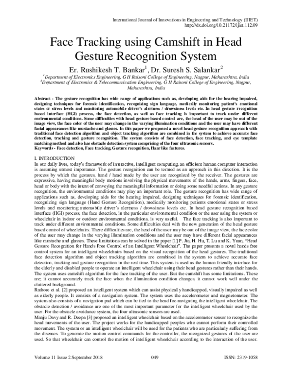 (PDF) Face Tracking using Camshift in Head Gesture Recognition System