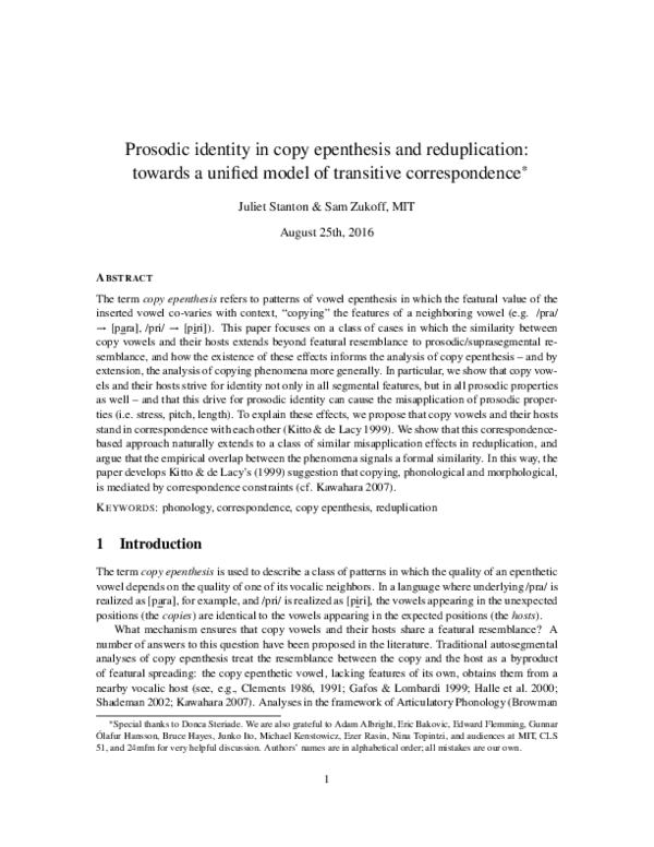 (PDF) Prosodic identity in copy epenthesis and reduplication: towards a unified model of ...