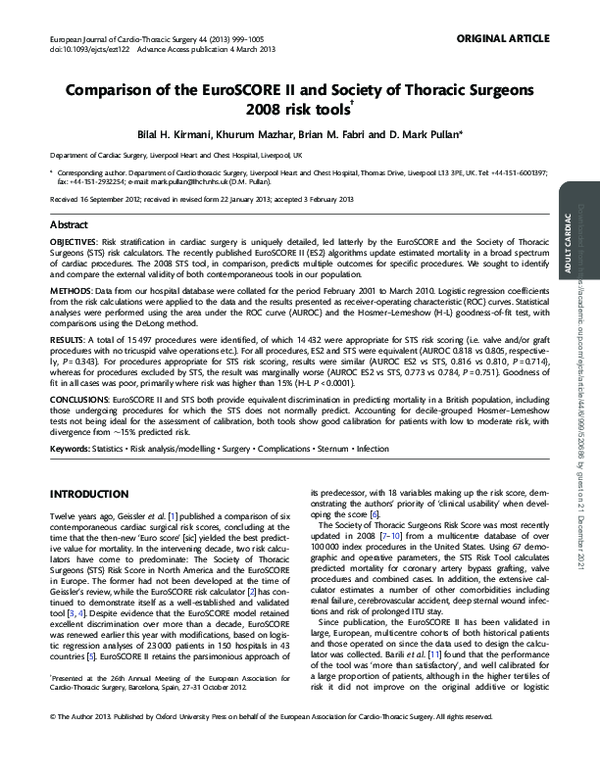 (PDF) Comparison of the EuroSCORE II and Society of Thoracic Surgeons ...