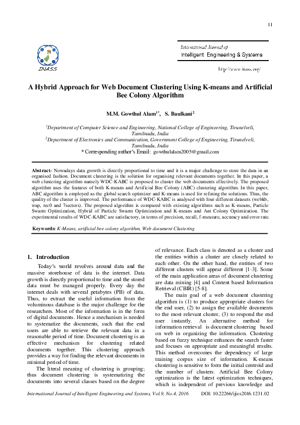 Pdf A Hybrid Approach For Web Document Clustering Using K Means And Artificial Bee Colony