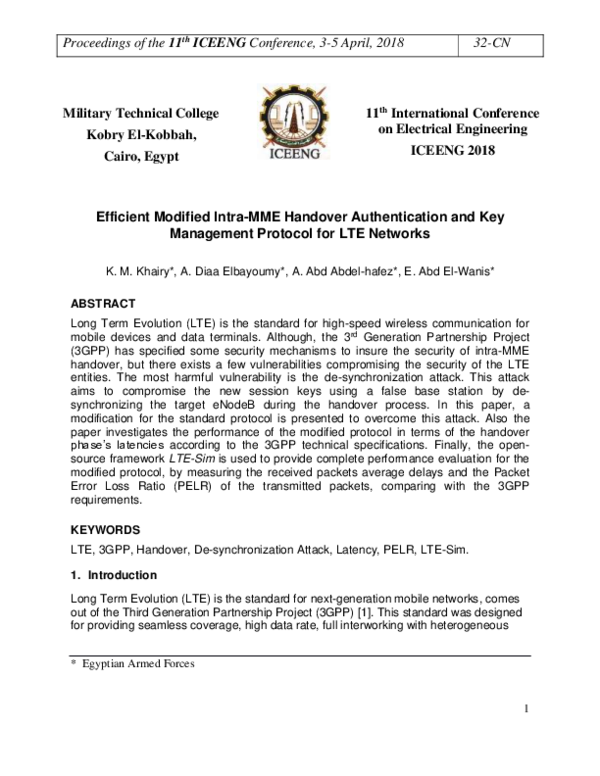 (PDF) Efficient Modified Intra-MME Handover Authentication and Key Management Protocol for LTE ...