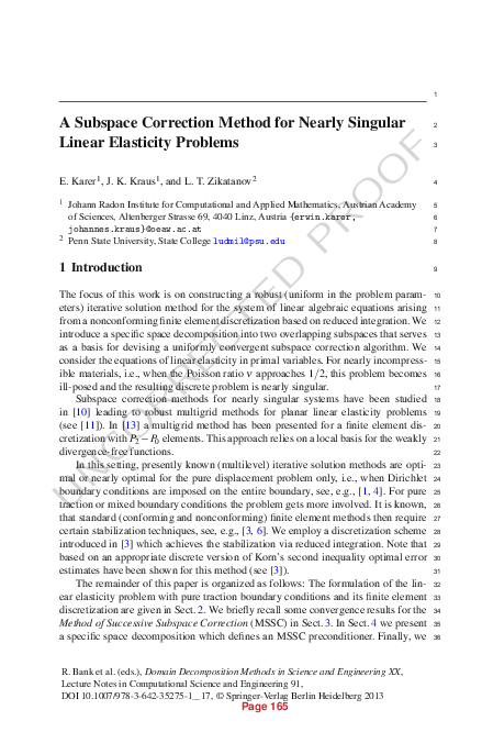 (PDF) A Subspace Correction Method for Nearly Singular Linear Elasticity Problems