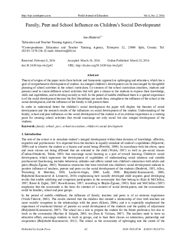 (PDF) Family, Peer and School Influence on Children's Social Development