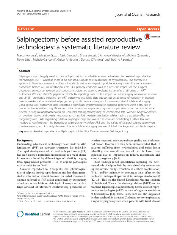 (PDF) Salpingectomy before assisted reproductive technologies: a ...