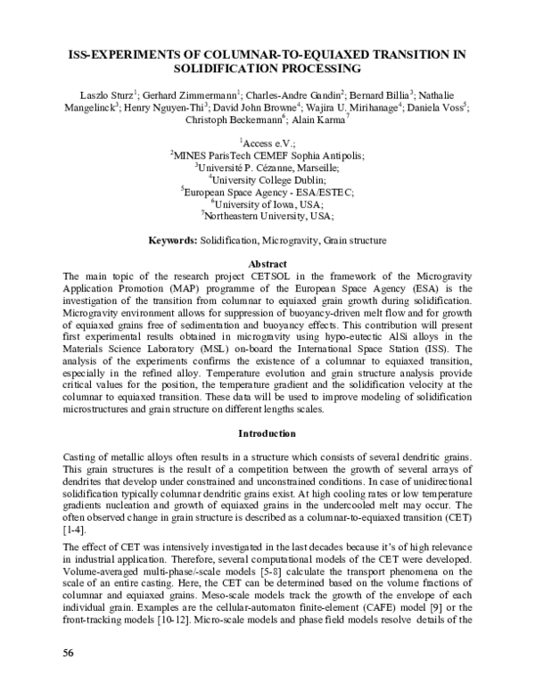 Pdf Iss Experiments Of Columnar To Equiaxed Transition In Solidification Processing
