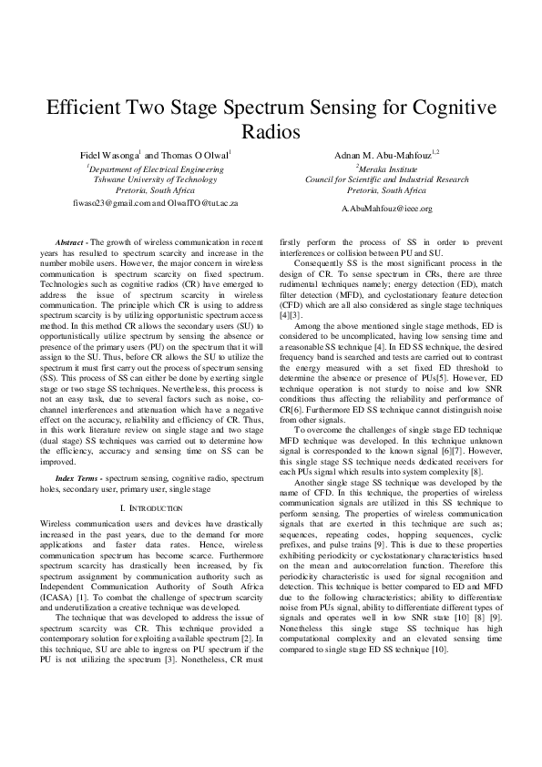 Pdf Efficient Two Stage Spectrum Sensing For Cognitive Radios