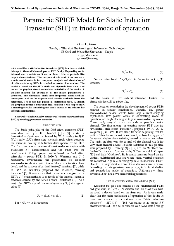 Pdf Parametric Spice Model For Static Induction Transistor Sit In