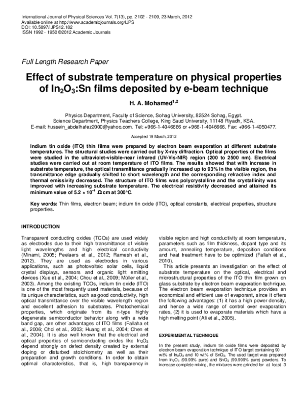 (PDF) Effect of substrate temperature on physical properties of In2O3:Sn films deposited by e ...