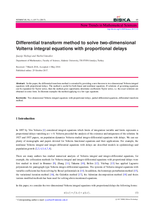 (PDF) Differential transform method to solve two-dimensional Volterra integral equations with ...