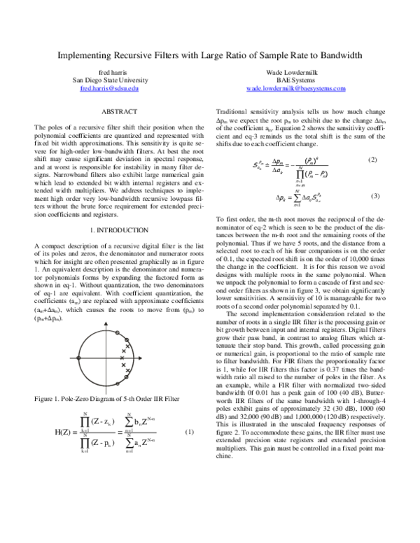 Pdf Implementing Recursive Filters With Large Ratio Of Sample Rate To Bandwidth