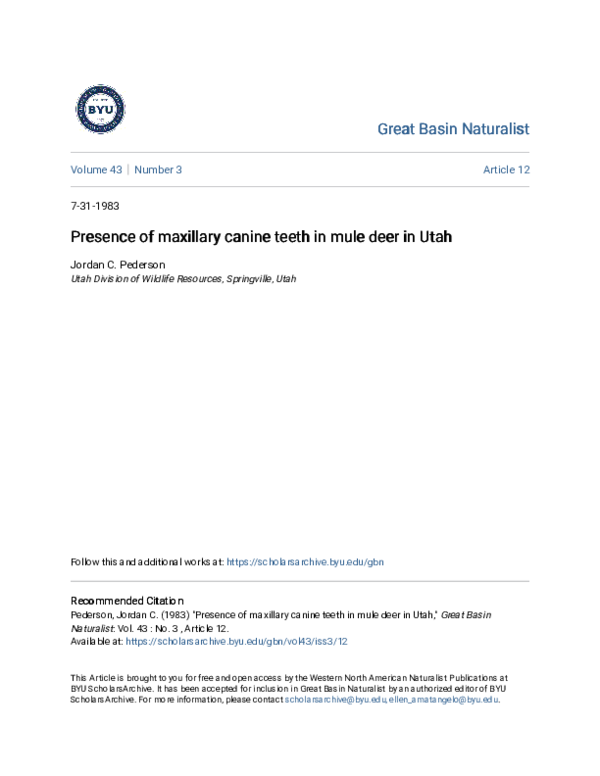 (PDF) Presence of maxillary canine teeth in mule deer in Utah