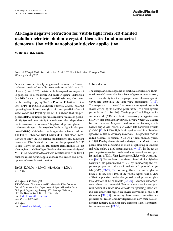 (PDF) All-angle negative refraction for visible light from left-handed metallo-dielectric ...