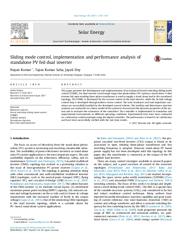Pdf Sliding Mode Control Implementation And Performance Analysis Of Standalone Pv Fed Dual