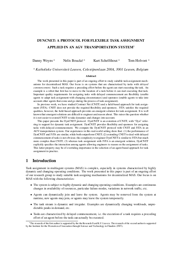 Pdf Dyncnet A Protocol For Flexible Task Assignment Applied In An Agv Transportation System