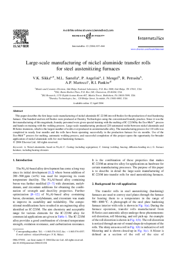 (PDF) Large-scale manufacturing of nickel aluminide transfer rolls for ...