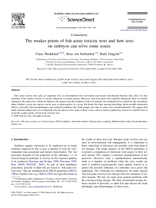 (PDF) The weaker points of fish acute toxicity tests and how tests on ...