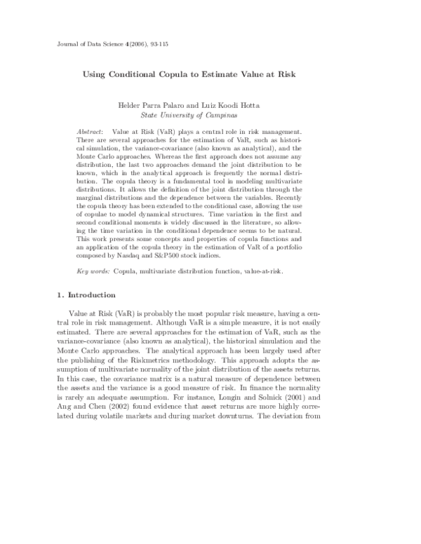 Pdf Using Conditional Copula To Estimate Value At Risk