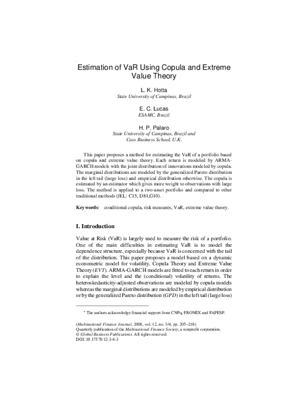 (PDF) Estimation of var using copula and extreme value theory