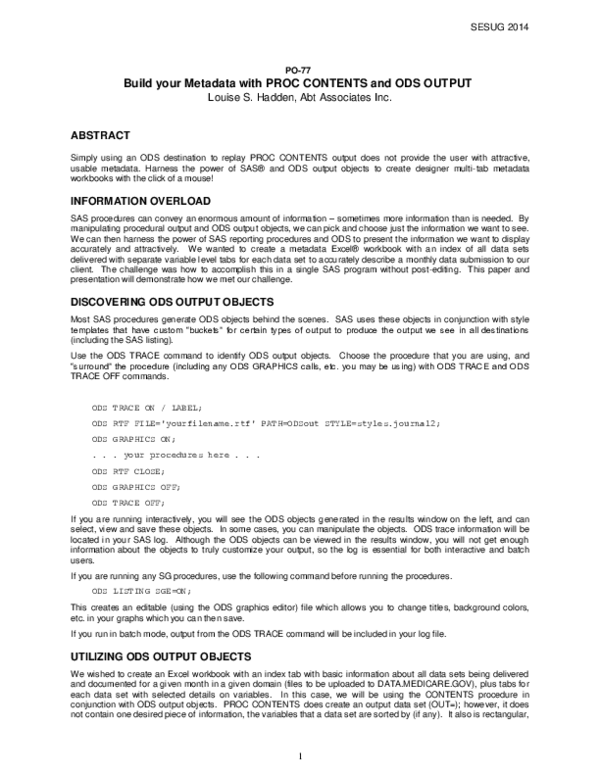 (PDF) Build your Metadata with PROC CONTENTS and ODS OUTPUT