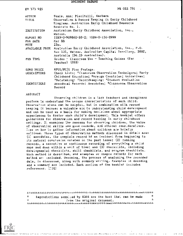 (PDF) Observation & Record Keeping in Early Childhood Programs ...