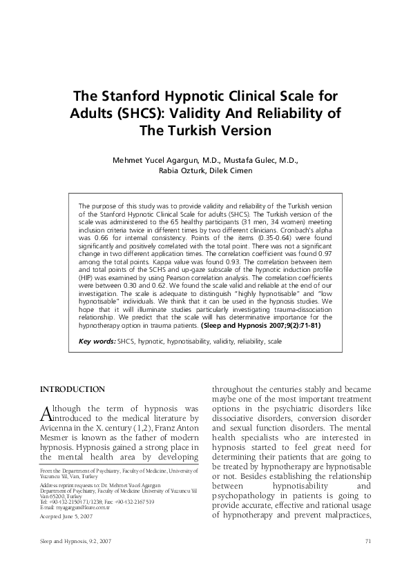 (PDF) The Stanford Hypnotic Clinical Scale for Adults (SHCS): Validity ...