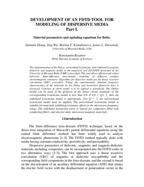 (PDF) DEVELOPMENT OF AN FDTD TOOL FOR MODELING OF DISPERSIVE MEDIA Part I . Material parameters ...