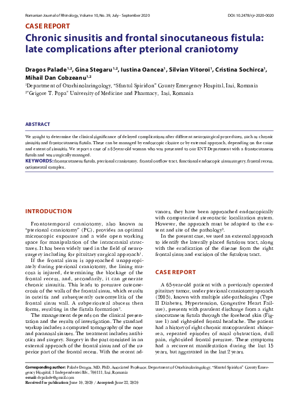 (PDF) Chronic sinusitis and frontal sinocutaneous fistula: late complications after pterional ...
