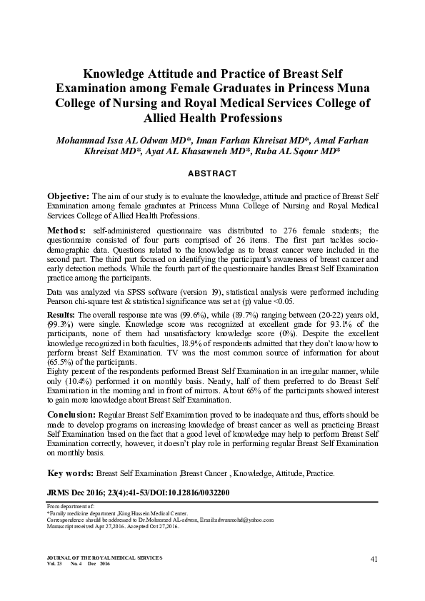 (PDF) Knowledge Attitude and Practice of Breast Self Examination among ...