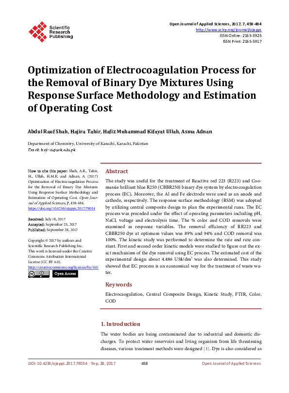 (PDF) Optimization of Electrocoagulation Process for the Simultaneous ...