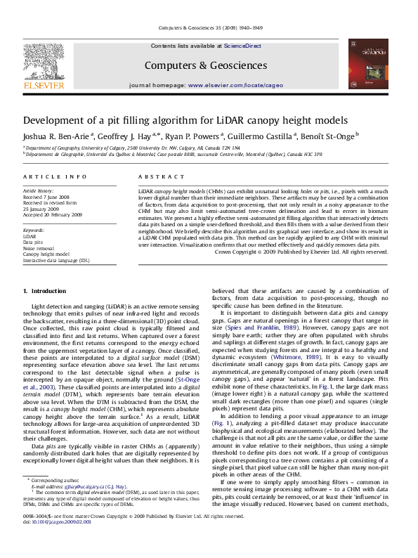 (PDF) Development of a pit filling algorithm for LiDAR canopy height models | Geoffrey J. Hay ...