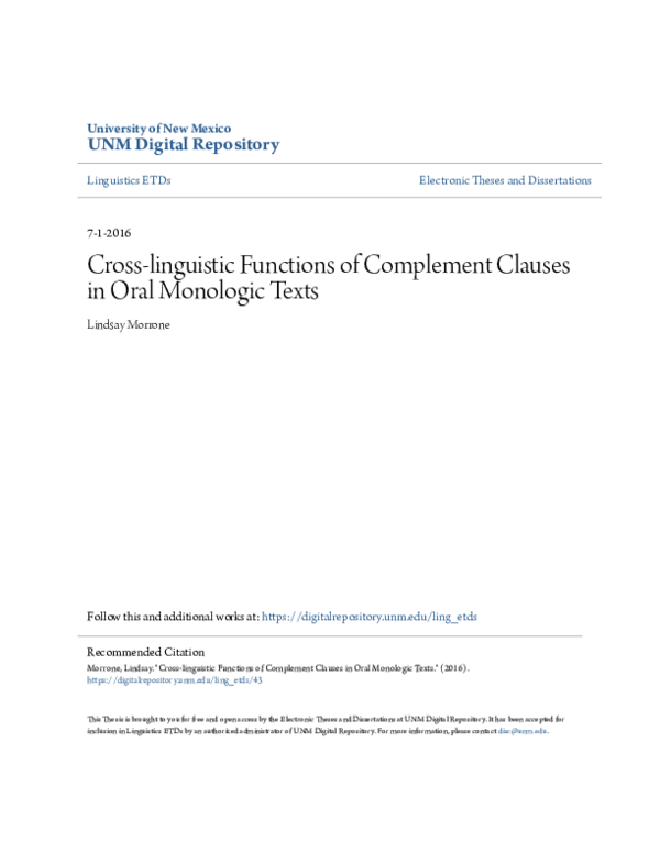 (PDF) Cross-linguistic Functions of Complement Clauses in Oral Monologic Texts