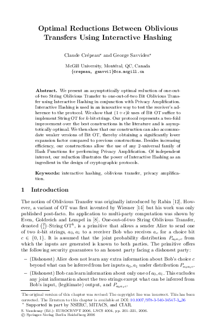 (PDF) Optimal Reductions Between Oblivious Transfers Using Interactive Hashing | Claude Crépeau ...