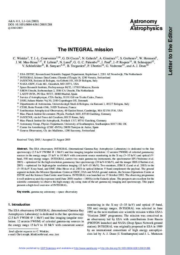 (PDF) The INTEGRAL mission | G. Di Cocco - Academia.edu