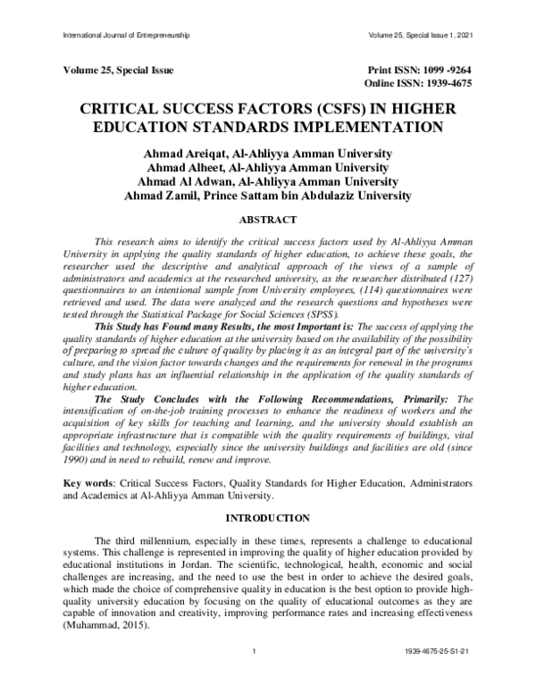 (PDF) Critical Success Factors (CSFS) in Higher Education Standards Implementation