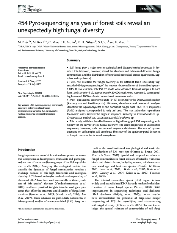 (PDF) 454 Pyrosequencing analyses of forest soils reveal an unexpectedly high fungal diversity