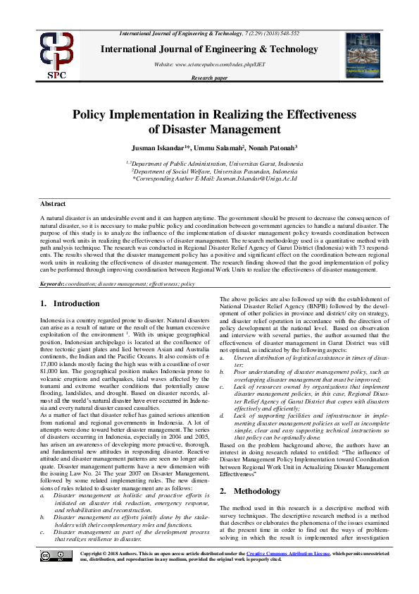 (PDF) Policy Implementation in Realizing the Effectiveness of Disaster ...