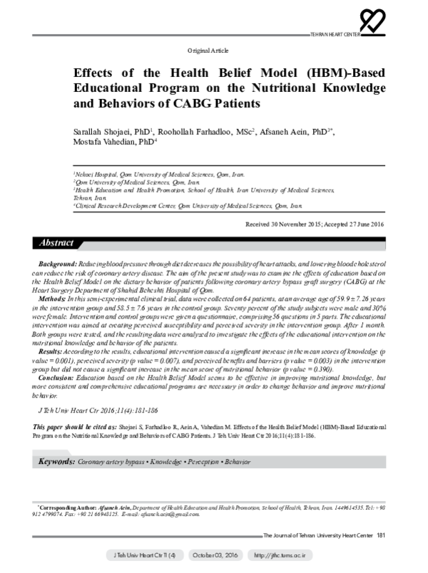 (PDF) Effects of the Health Belief Model (HBM)-Based Educational Program on the Nutritional ...