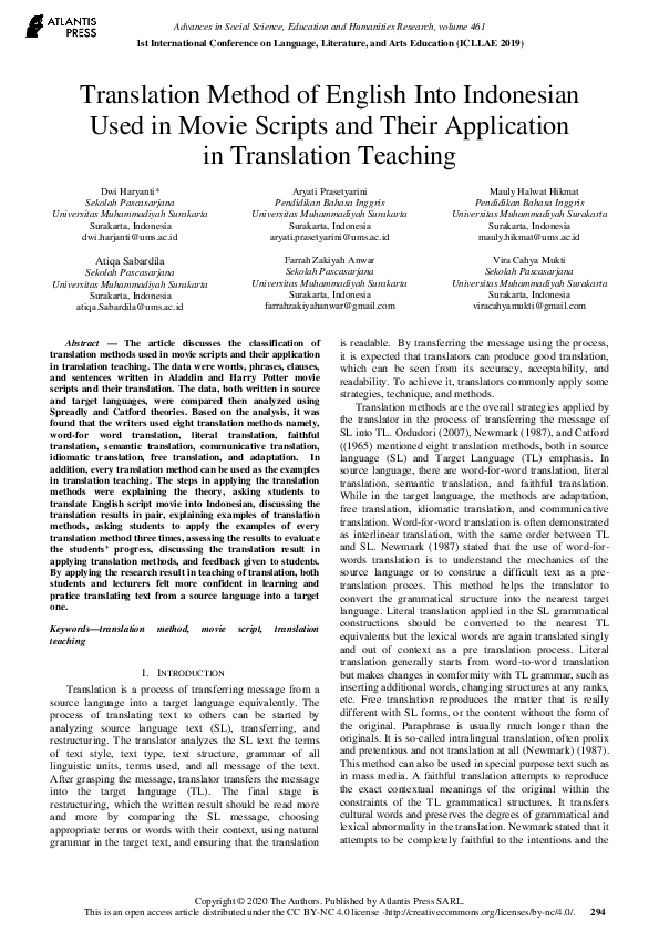 (PDF) Translation Method of English Into Indonesian Used in Movie ...