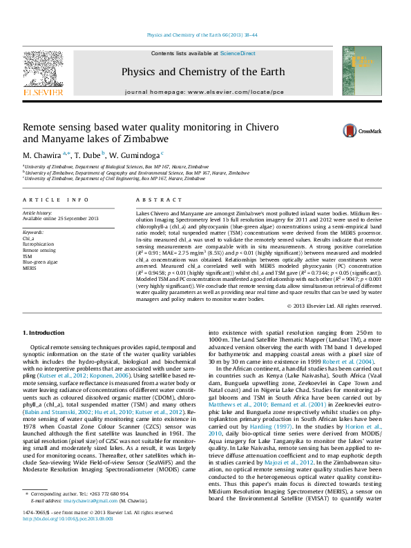 (PDF) Remote sensing based water quality monitoring in Chivero and Manyame lakes of Zimbabwe