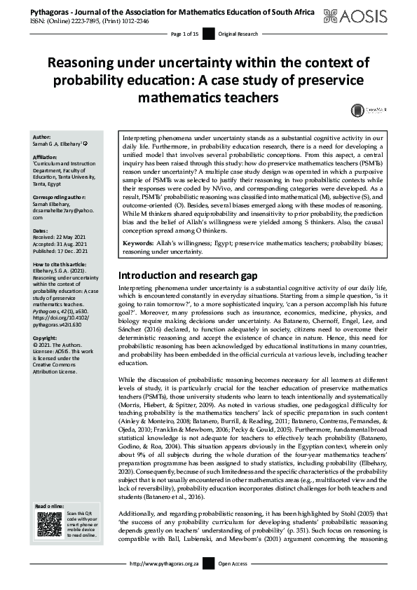 (PDF) Reasoning under uncertainty within the context of probability education: A case study of ...
